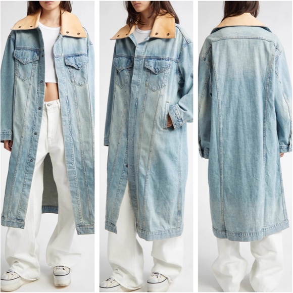 R13 | Jackets & Coats | Nwt R3 Kat Leather Collar Long Denim Trucker ...